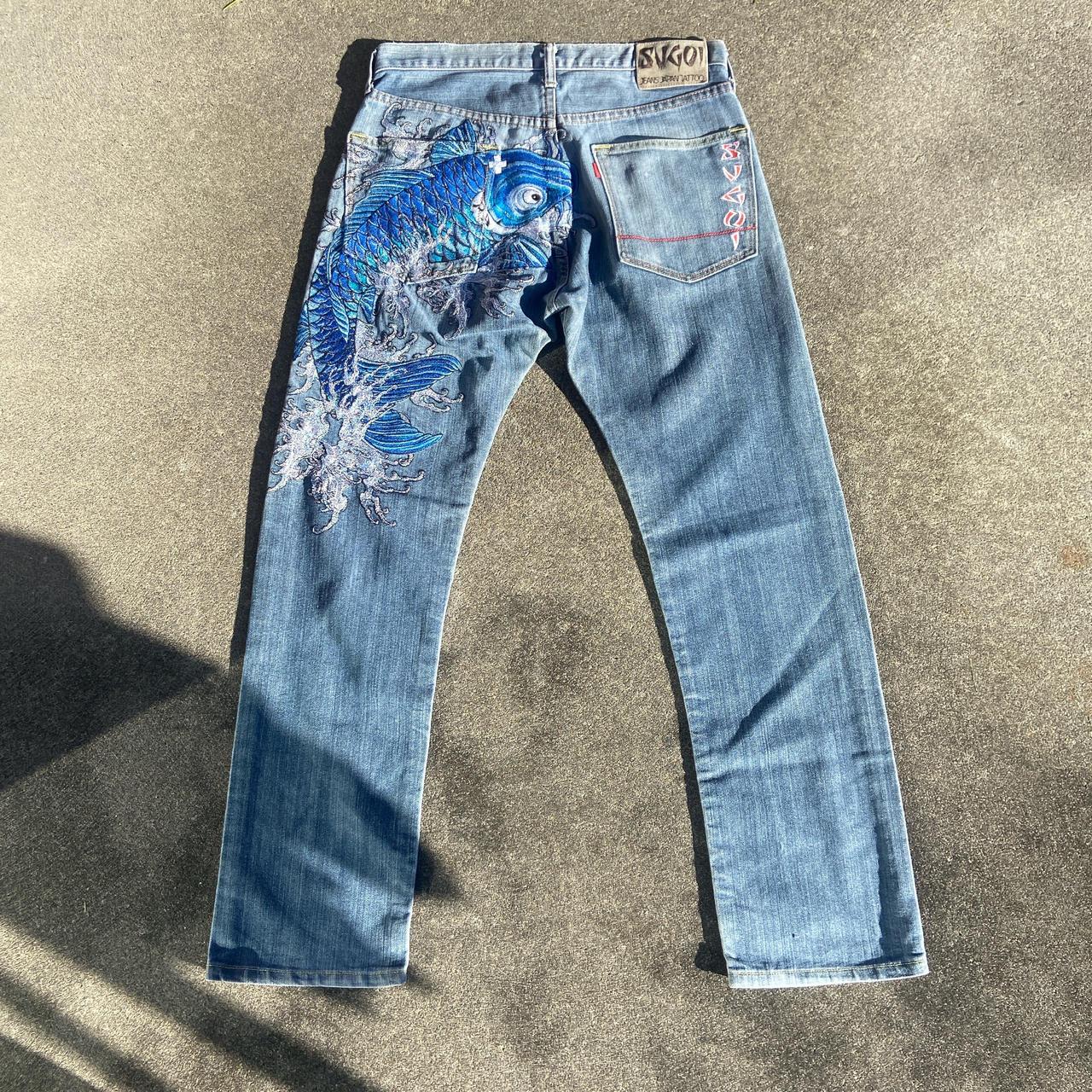 Sugoi Japanese denim crazzzy koi fish embroidery... - Depop