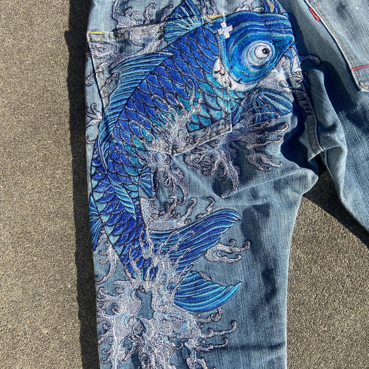 Sugoi Japanese denim crazzzy koi fish embroidery... - Depop