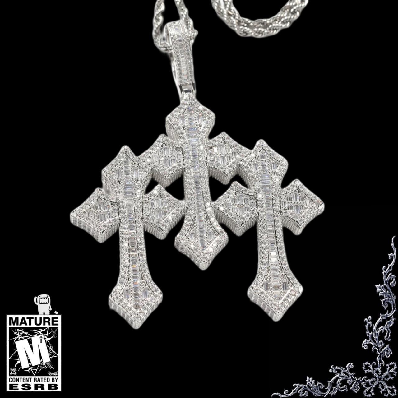 + Y2K SILVER CVV DIAMOND TRIPLE CROSS NECKLACE + +... - Depop