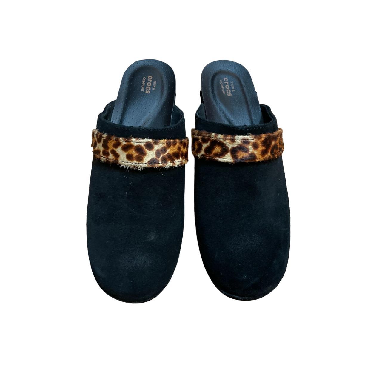 Crocs Sarah Black Leopard Suede Clogs Size 7 Crocs... - Depop