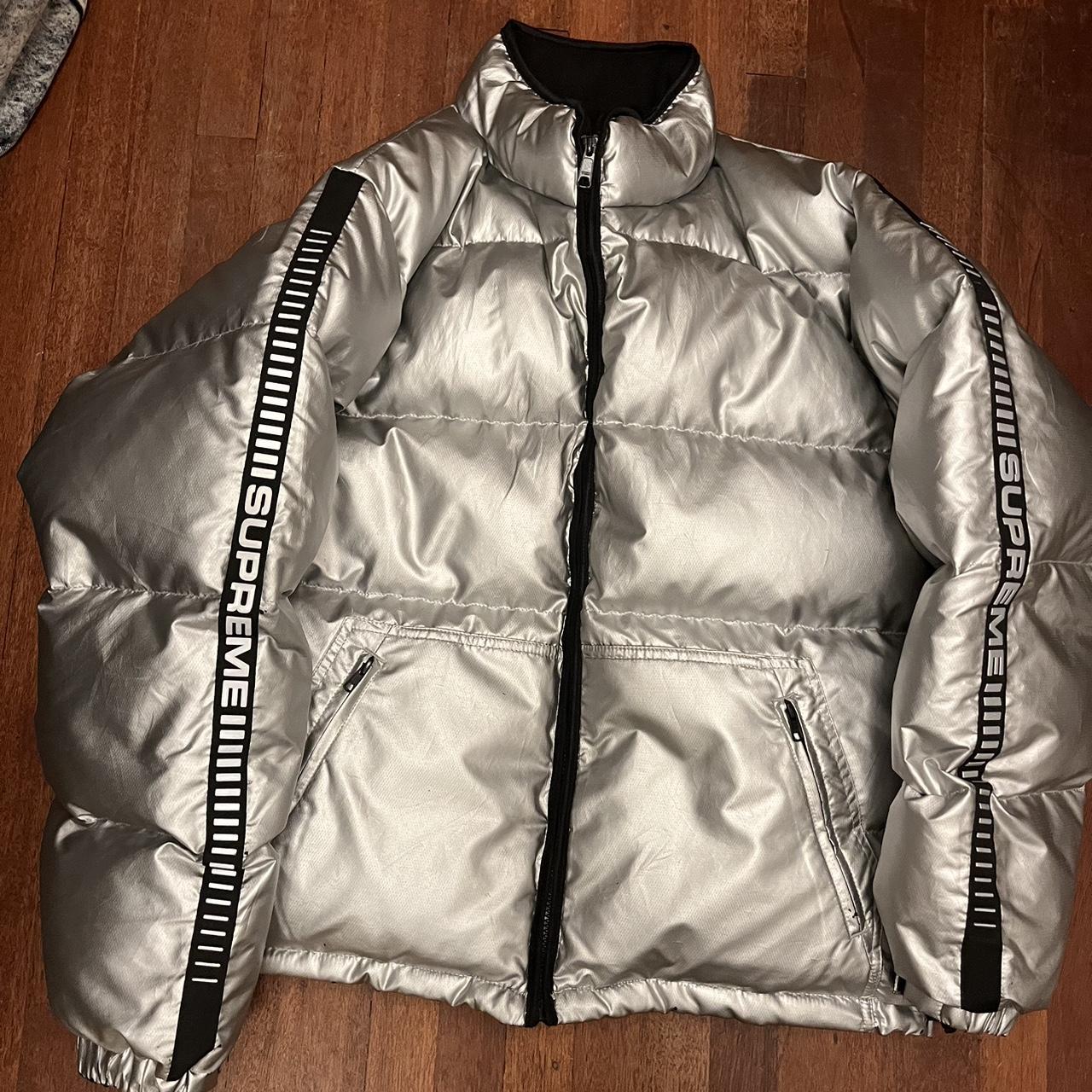 Silver Supreme puffer jacket, size large, very... - Depop