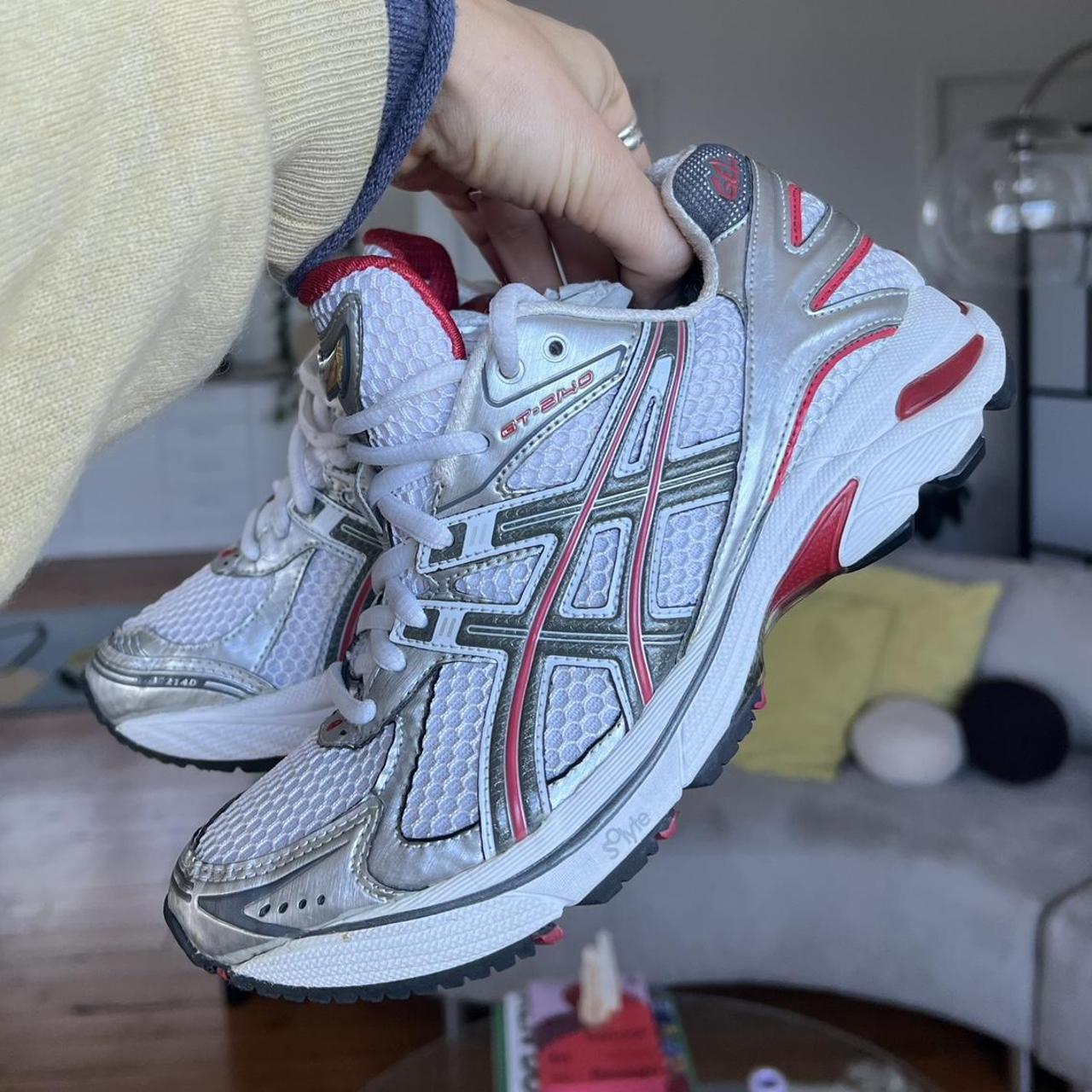ASICS Women's Silver and Red Trainers | Depop