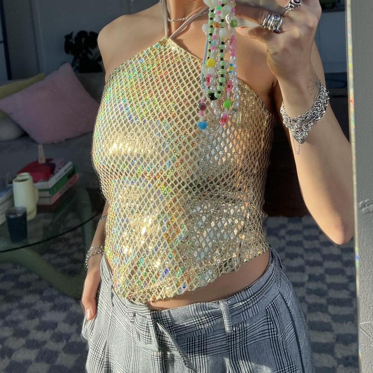 Magical gold glitter halter neck crop top with... - Depop