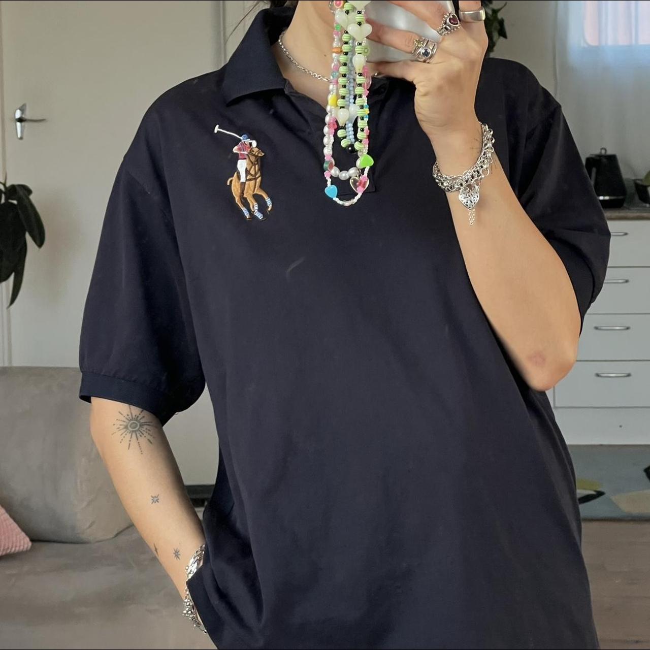 Vintage navy blue button up polo shirt with collar... - Depop