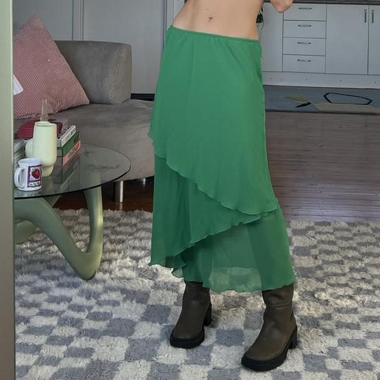 Vintage emerald green slinky skirt with layered... - Depop