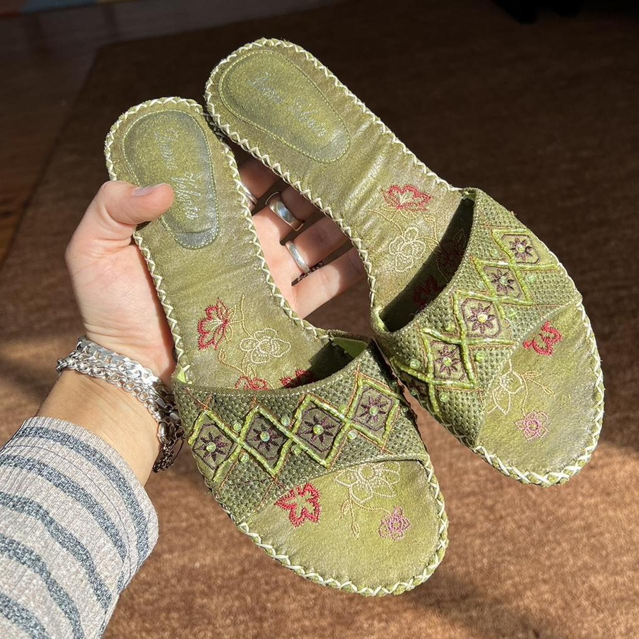 Boho - vintage moss green mules with small square... - Depop