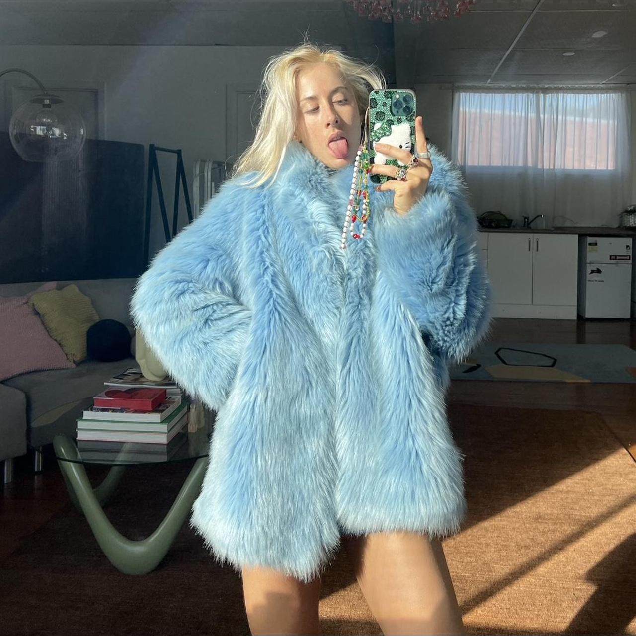 Outrageous blue faux fur coat - super super thick... - Depop