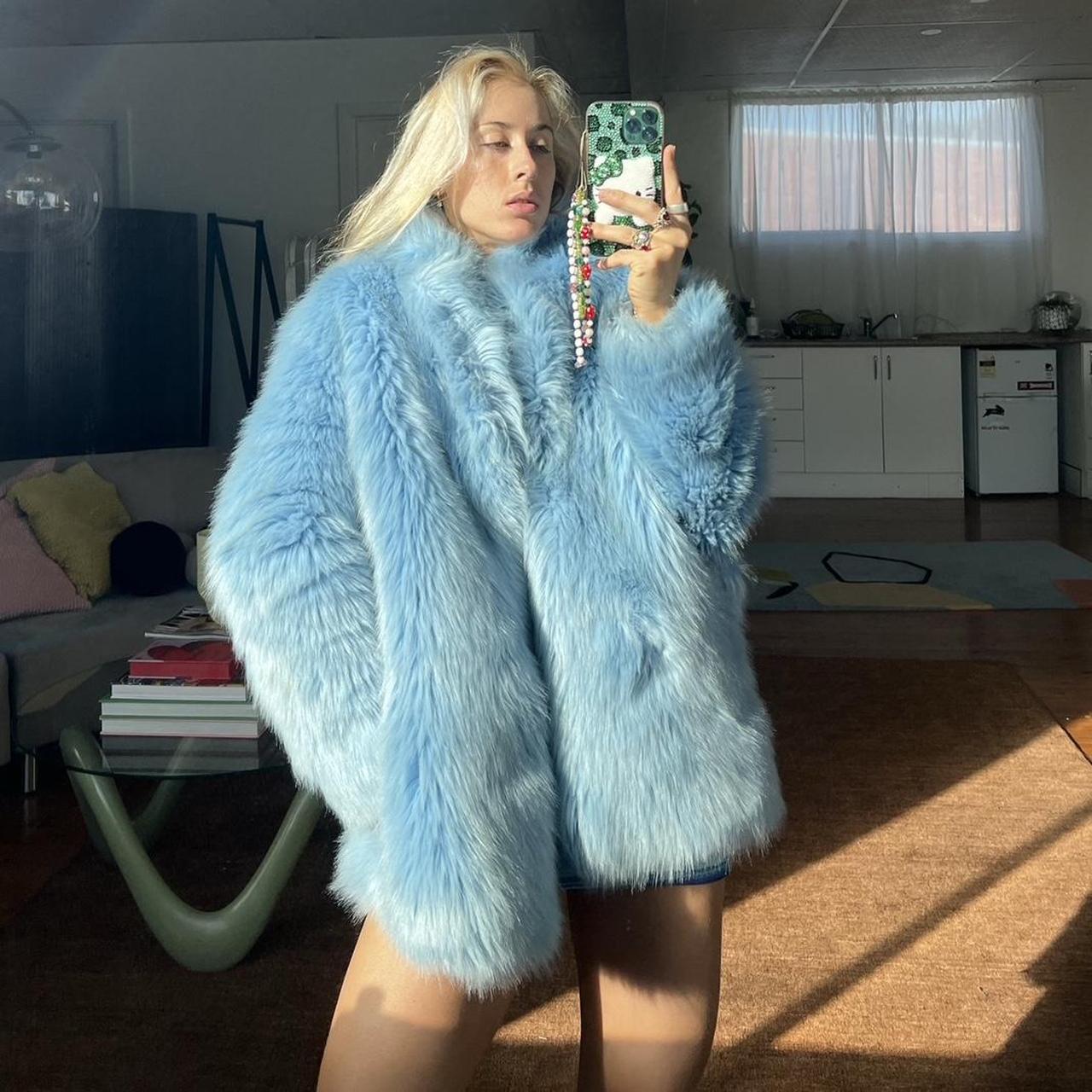 Outrageous blue faux fur coat - super super thick... - Depop