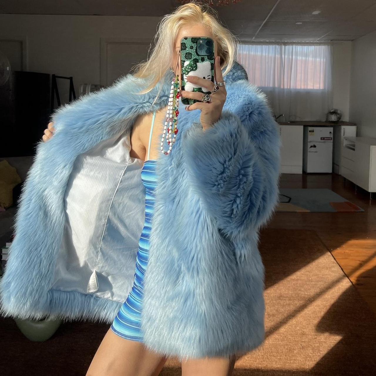 Outrageous blue faux fur coat - super super thick... - Depop