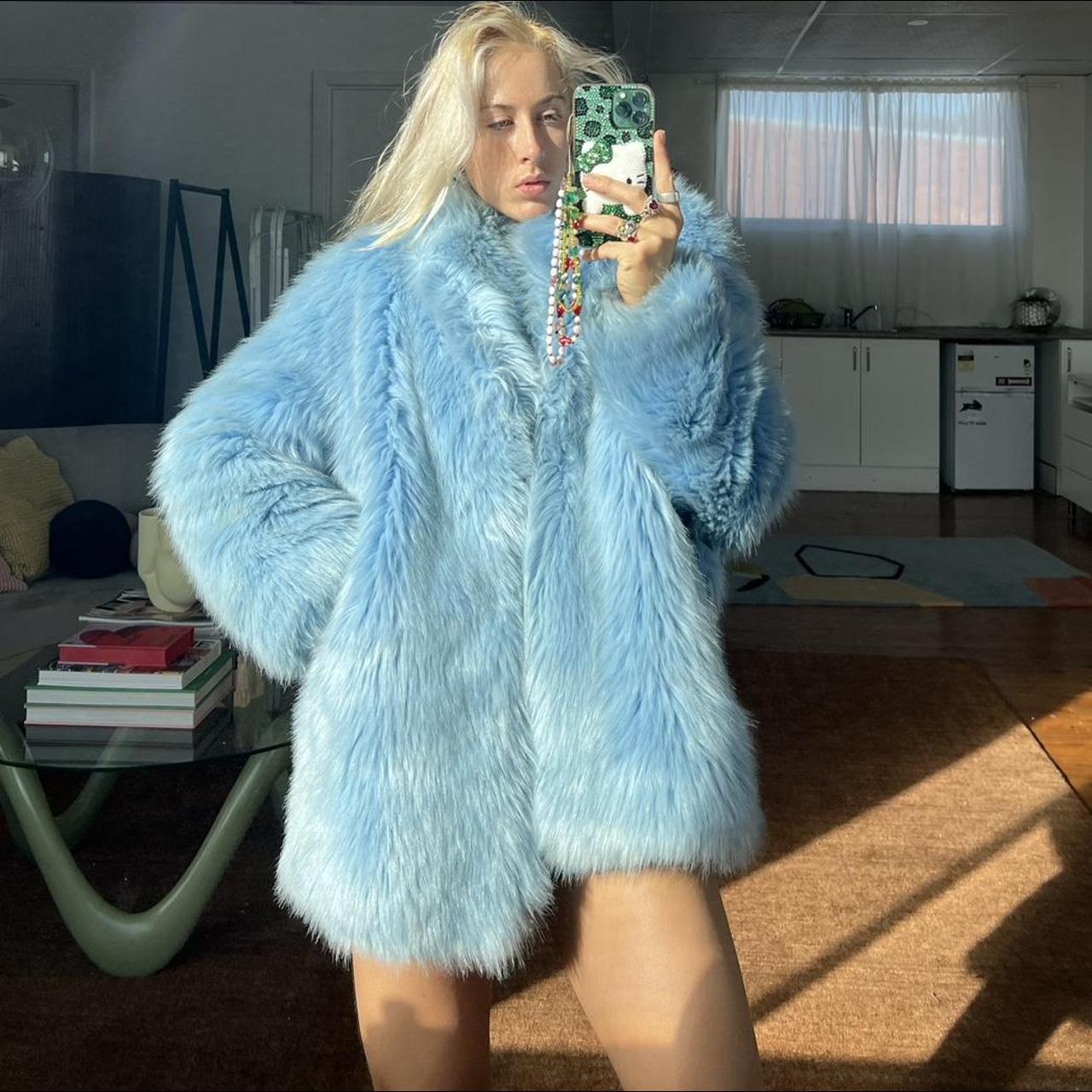Outrageous blue faux fur coat - super super thick... - Depop