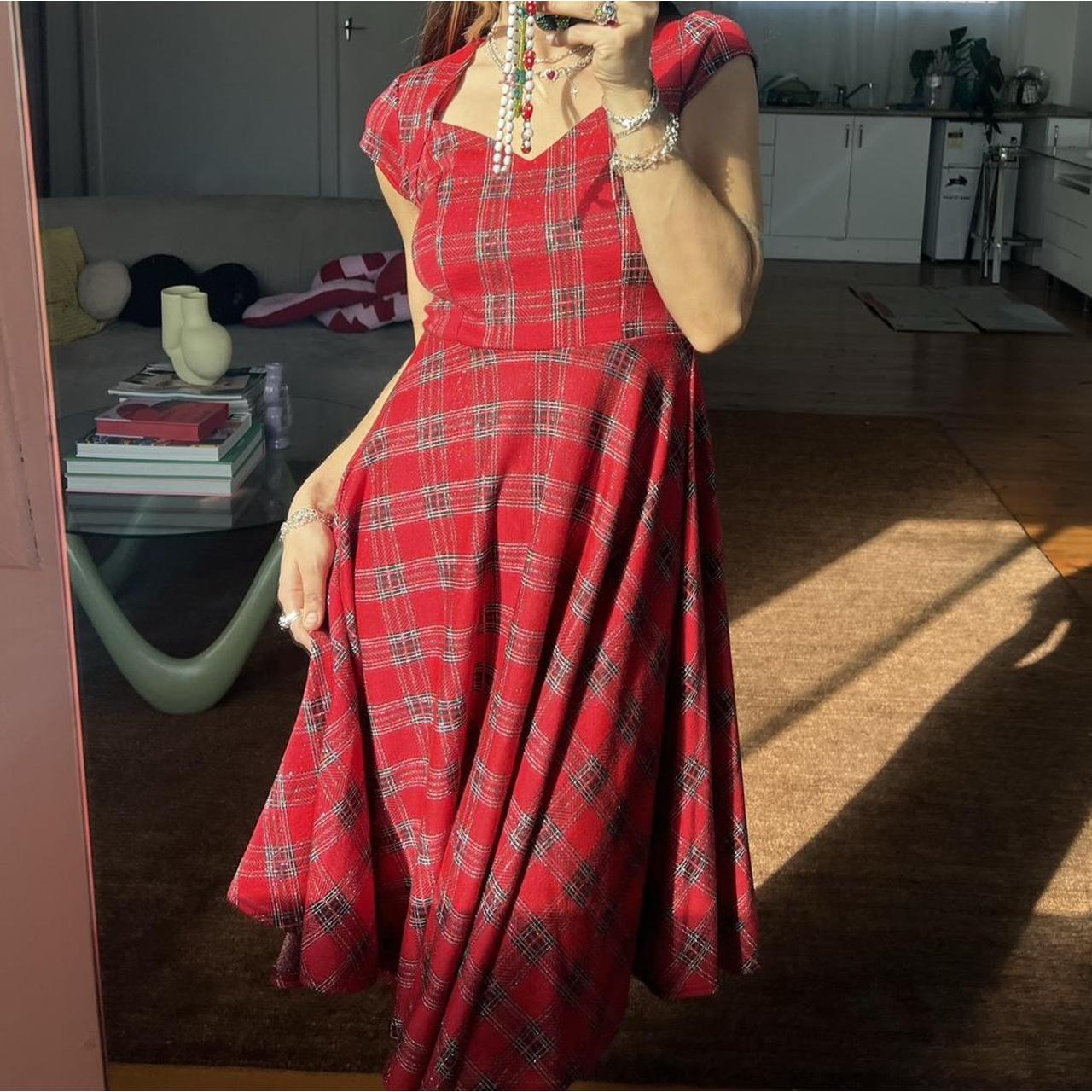 Vintage Y2K - red tartan midi dress with sweetheart... - Depop