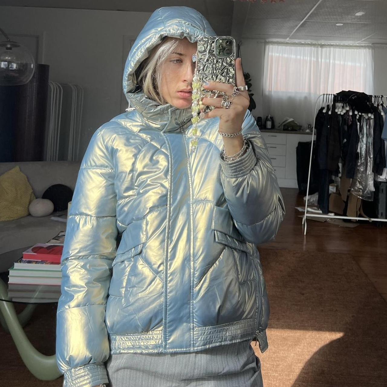 Magical - ice blue metallic puffer jacket with... - Depop