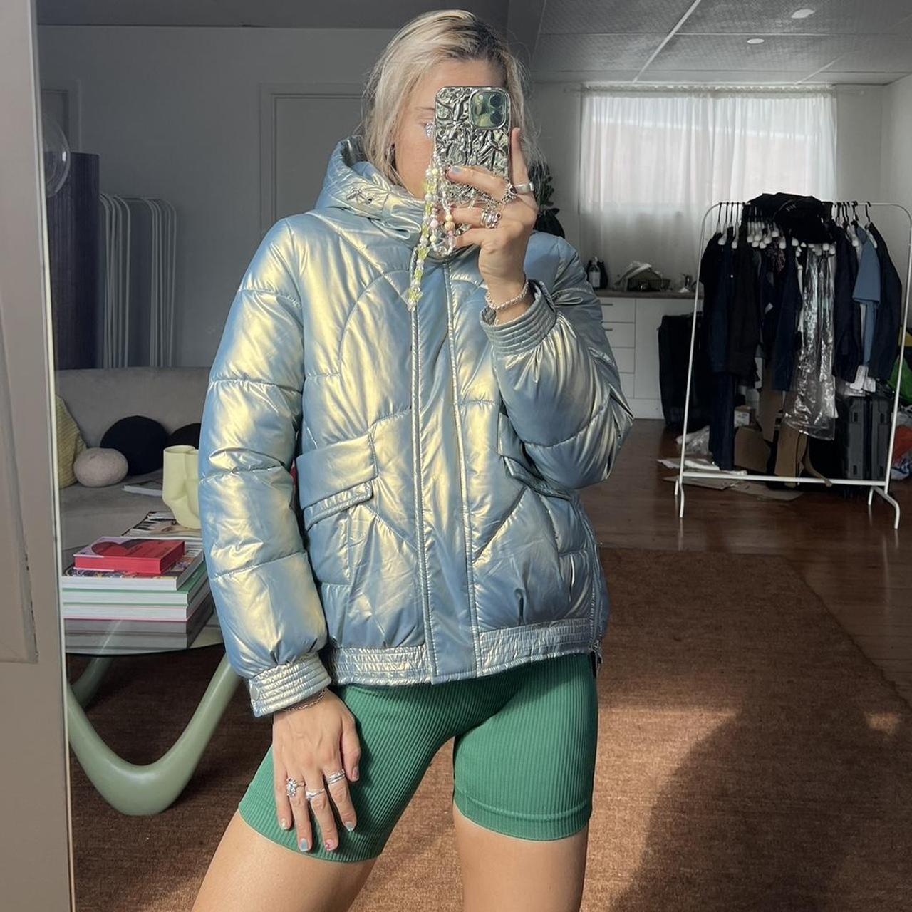 Magical - ice blue metallic puffer jacket with... - Depop