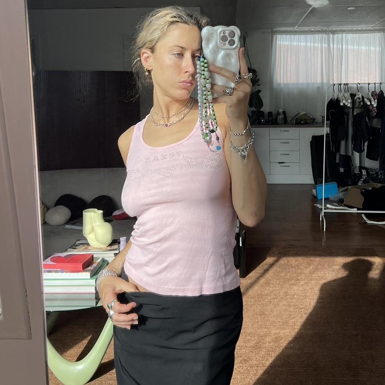 Vintage baby pink TEXAS ANGEL ribbed singlet top... - Depop