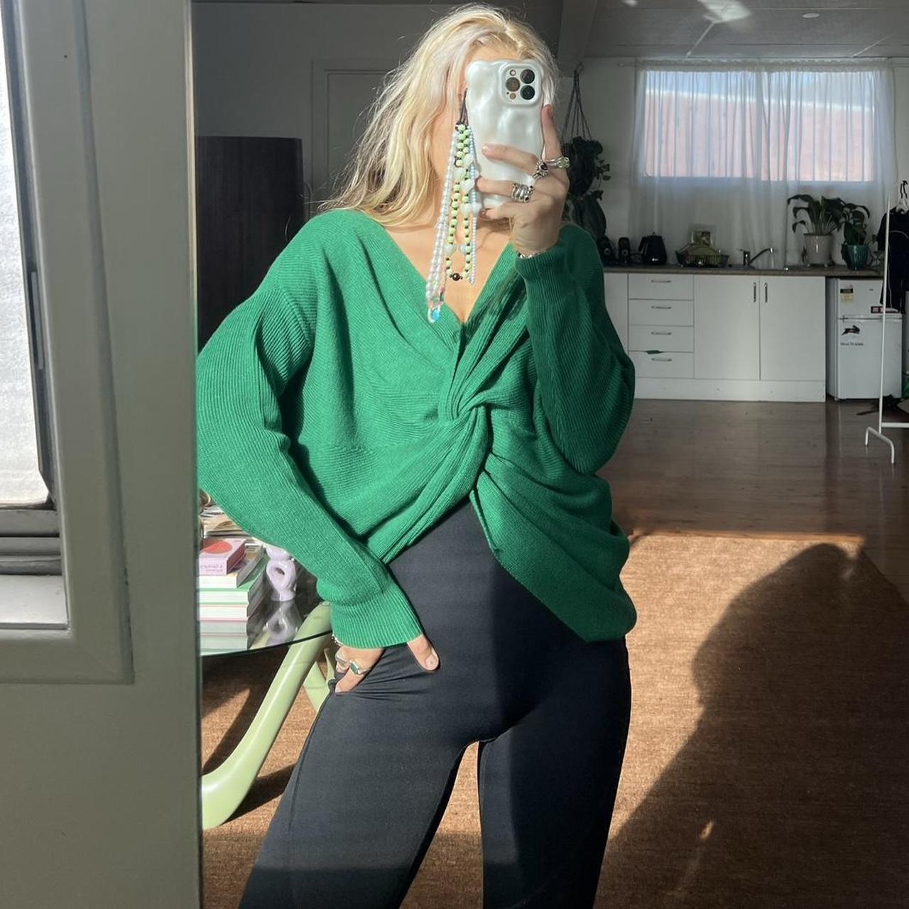 Forest green textured stretch wrap top with cosy... - Depop