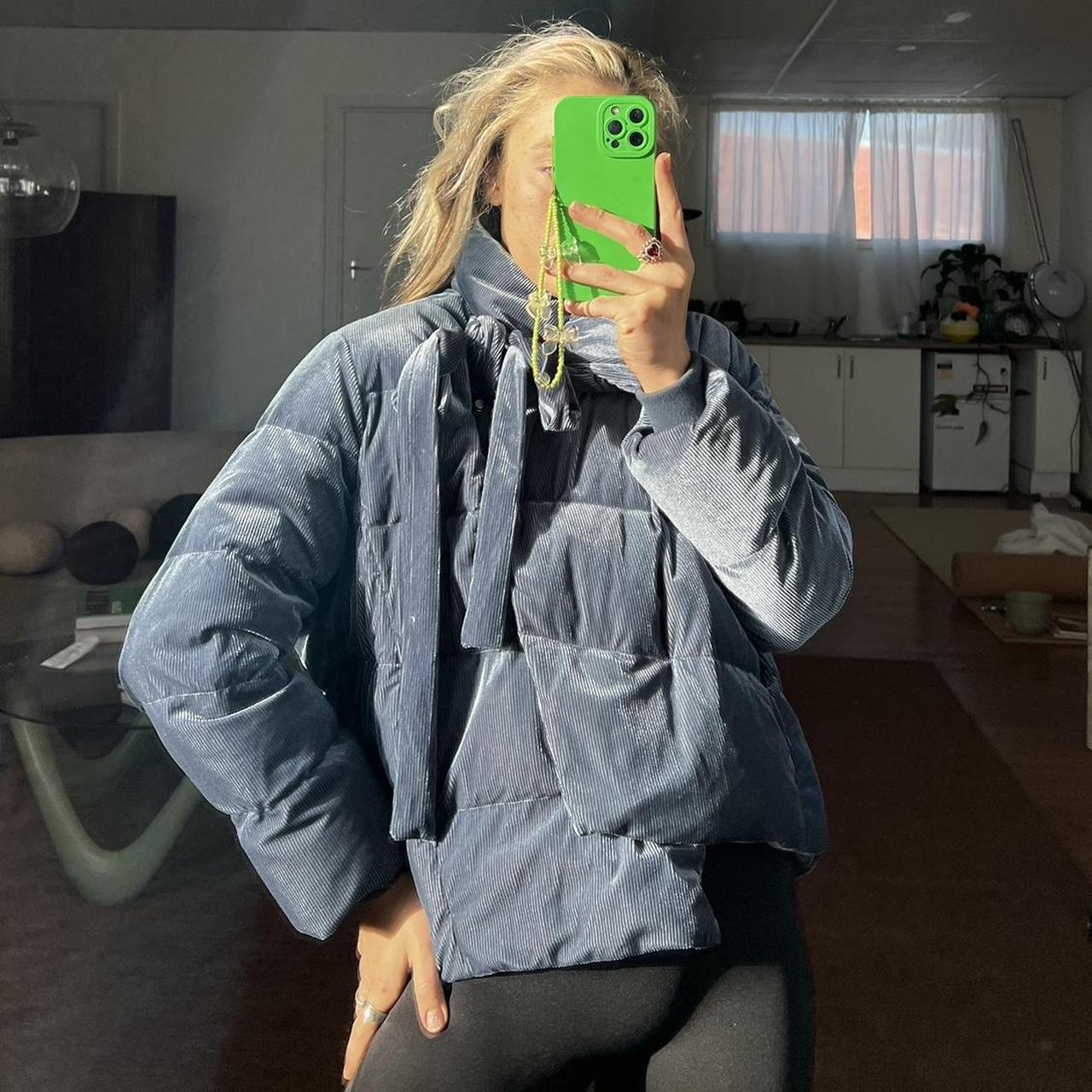 Ice blue textured puffer jacket with bow detailing - Depop