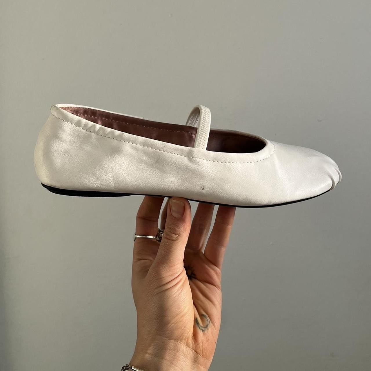 White ballet flats with elastic strap and satin... - Depop