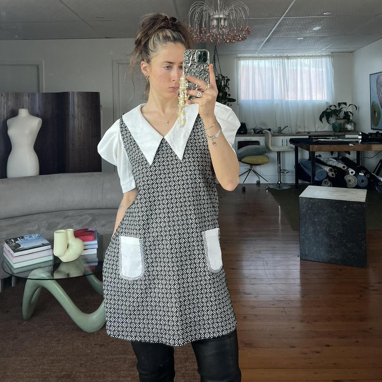 Super cute - black floral smock dress with white... - Depop