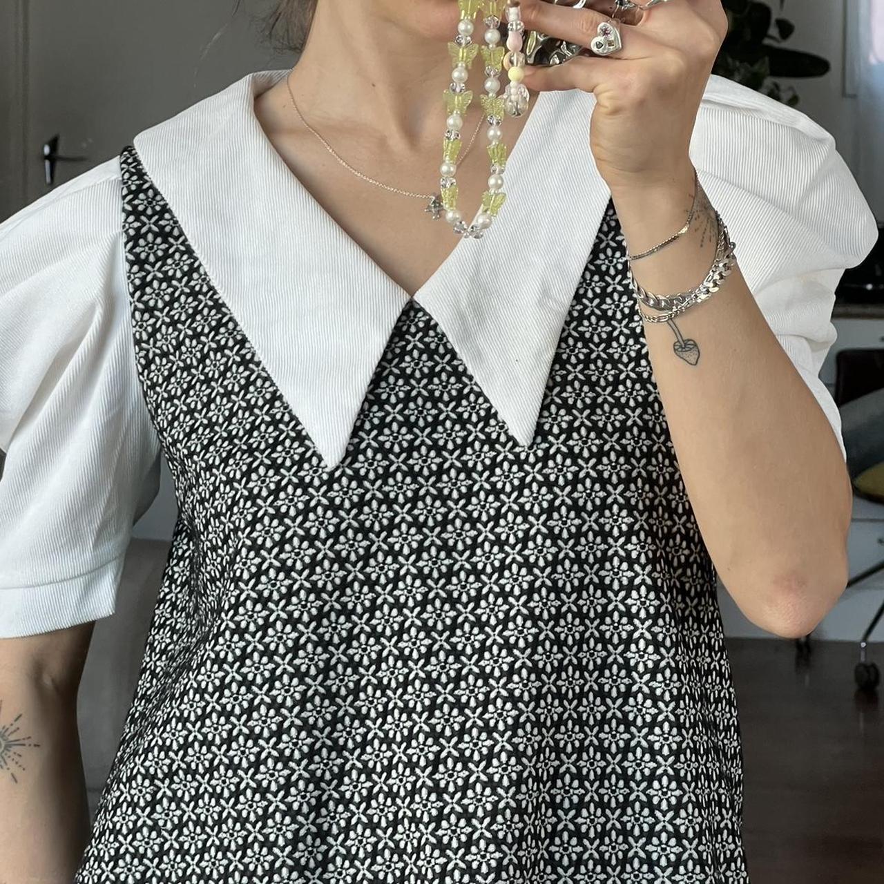 Super cute - black floral smock dress with white... - Depop