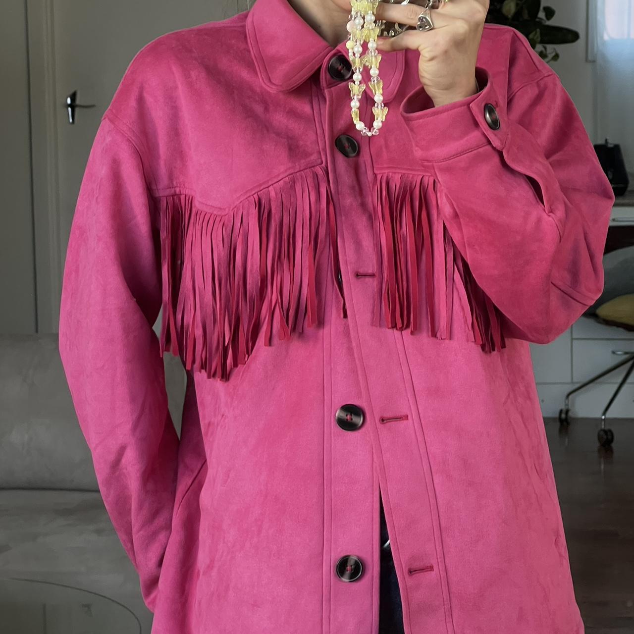 Hot pink suede feel coat with button up high neck... - Depop