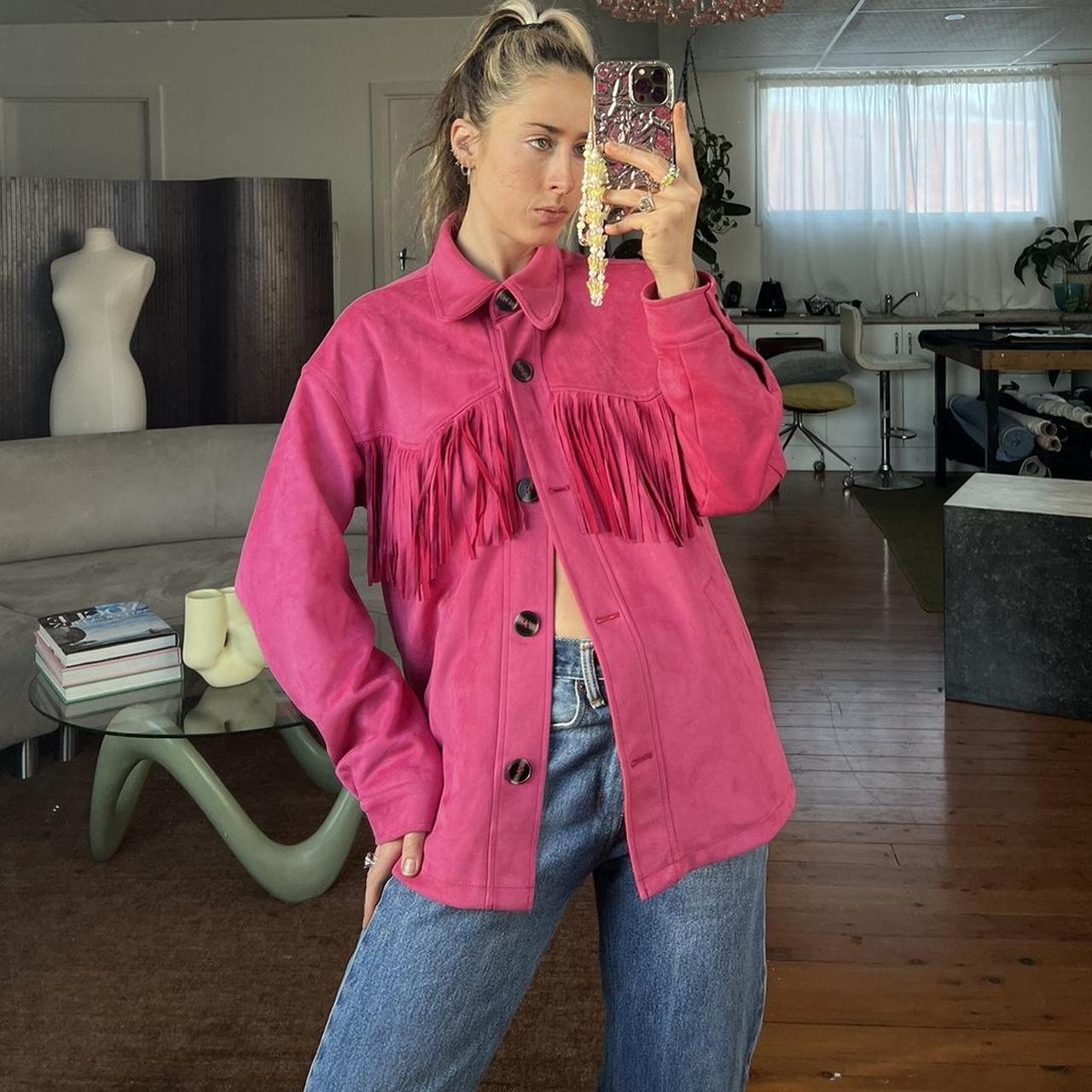 Hot pink suede feel coat with button up high neck... - Depop