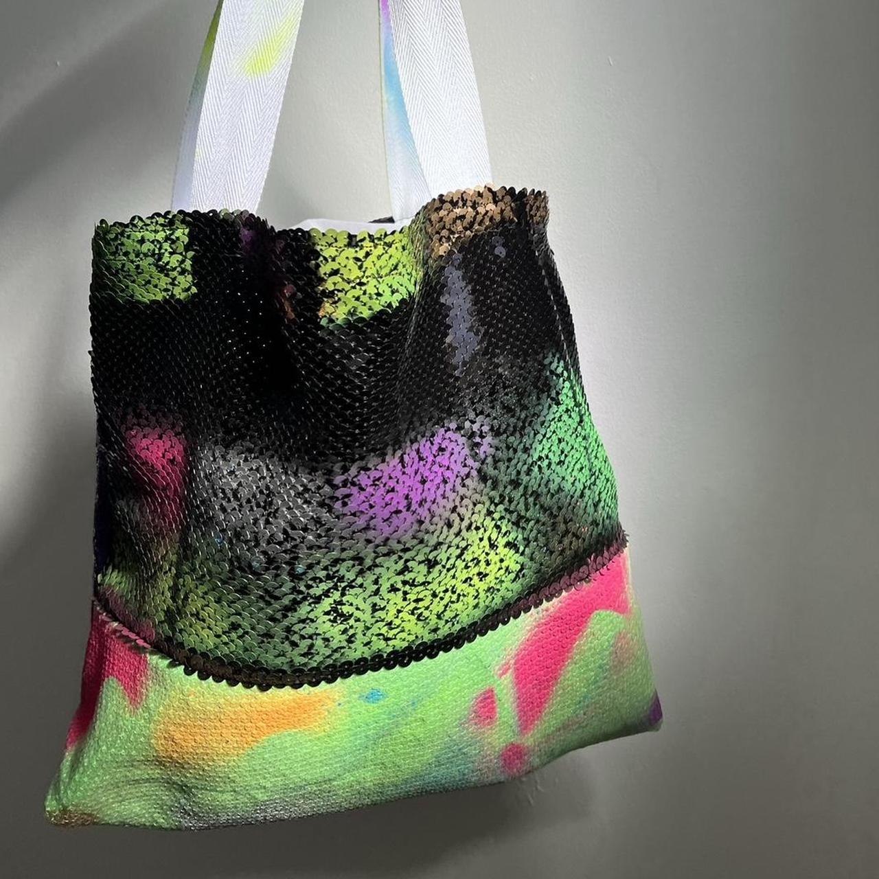 Fluro green and purple shoulder bag / tote bag - Depop