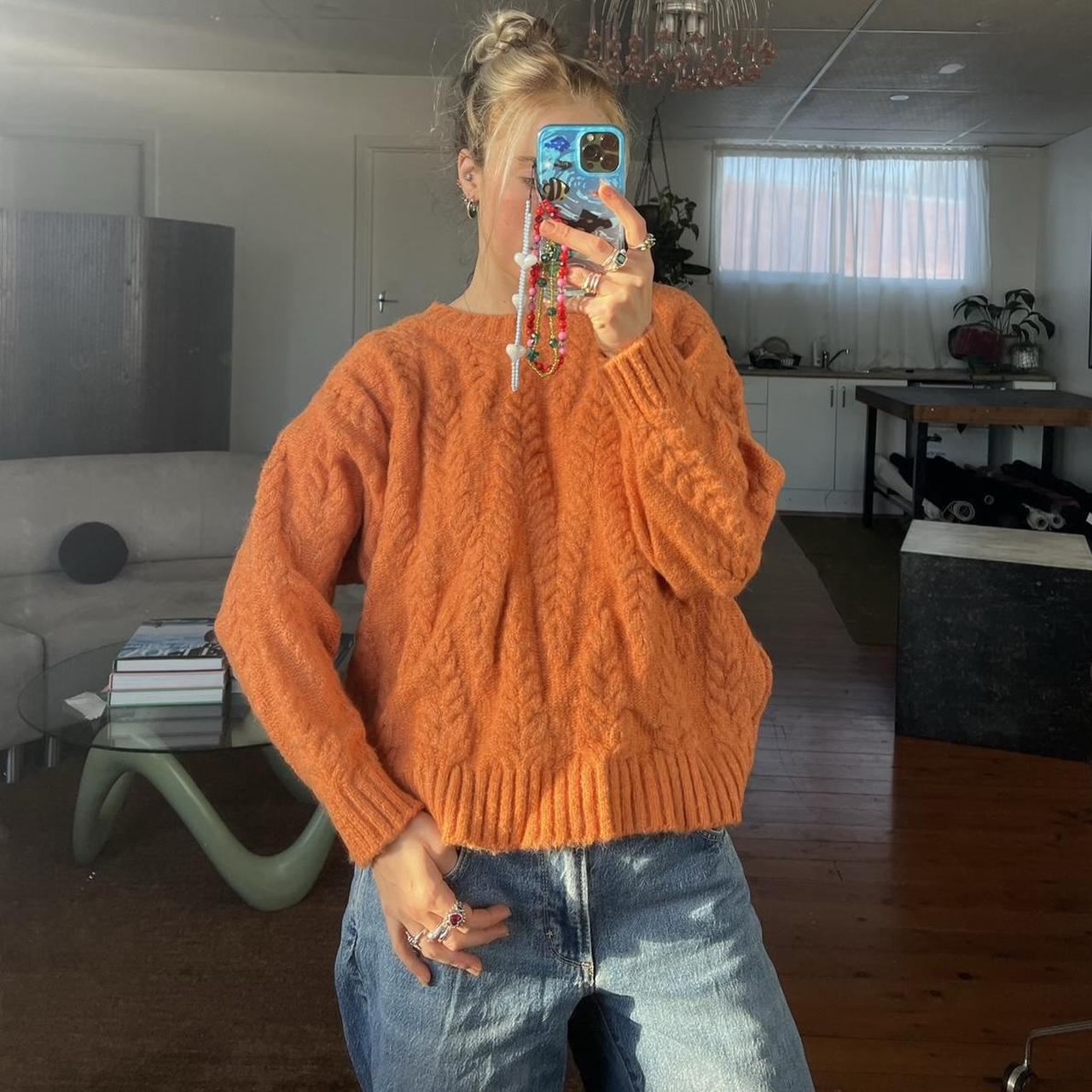Bright orange vintage crew neck knit - hand made - Depop