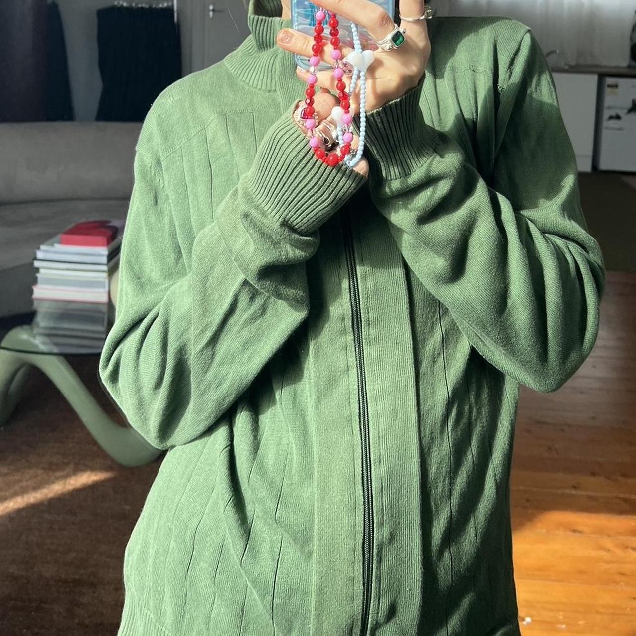 Cosy, forest green, zip up cotton stretch knit with... - Depop