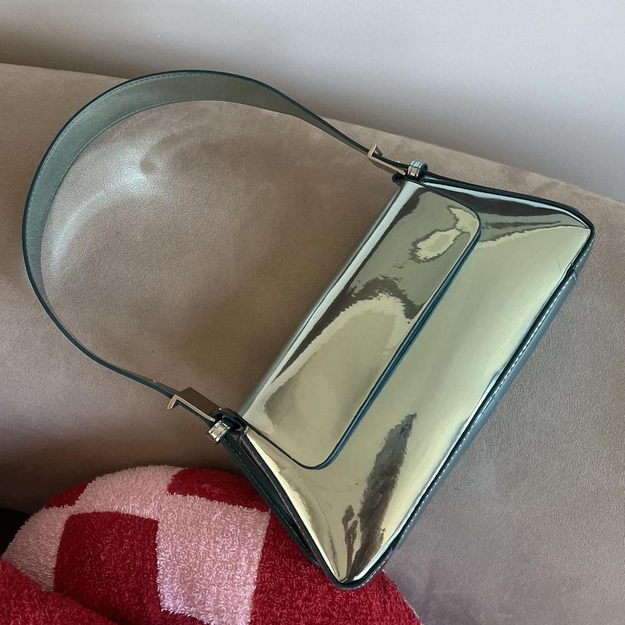 Blue metallic hard shell shoulder bag with magnet... | Depop