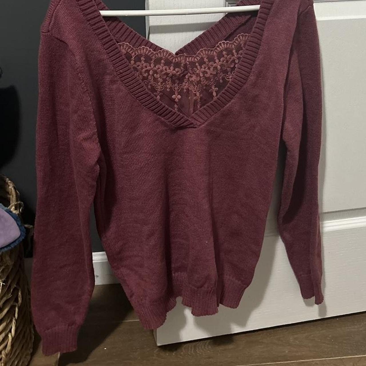 Maroon knitted sweater with embroidered flowers. - Depop
