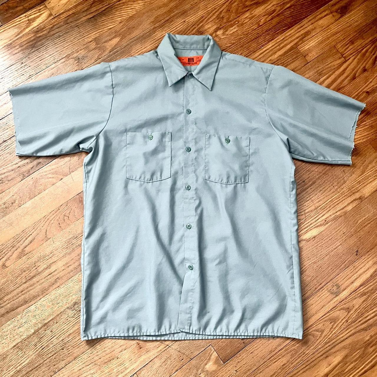 VINTAGE 90s Light Green Button-Up Work Shirt Size... - Depop