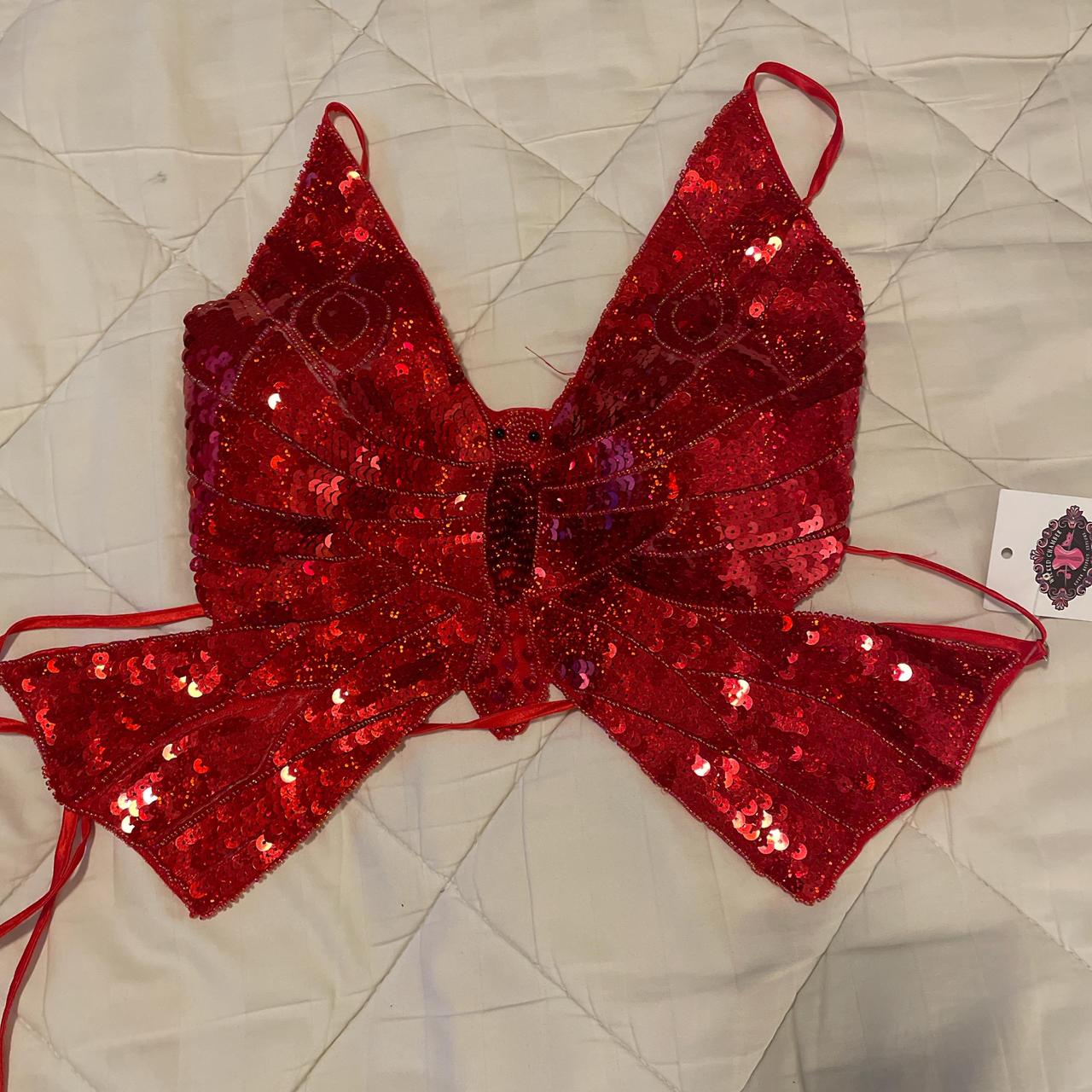 Red Sequin Butterfly Backless Top - Depop