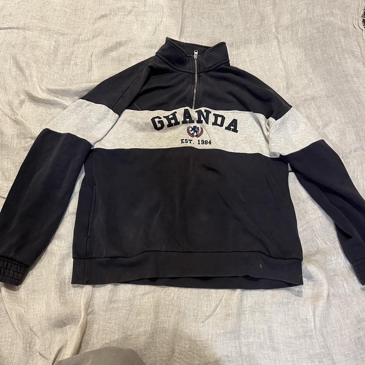 Navy and white quarter zip jumper with pockets,... | Depop