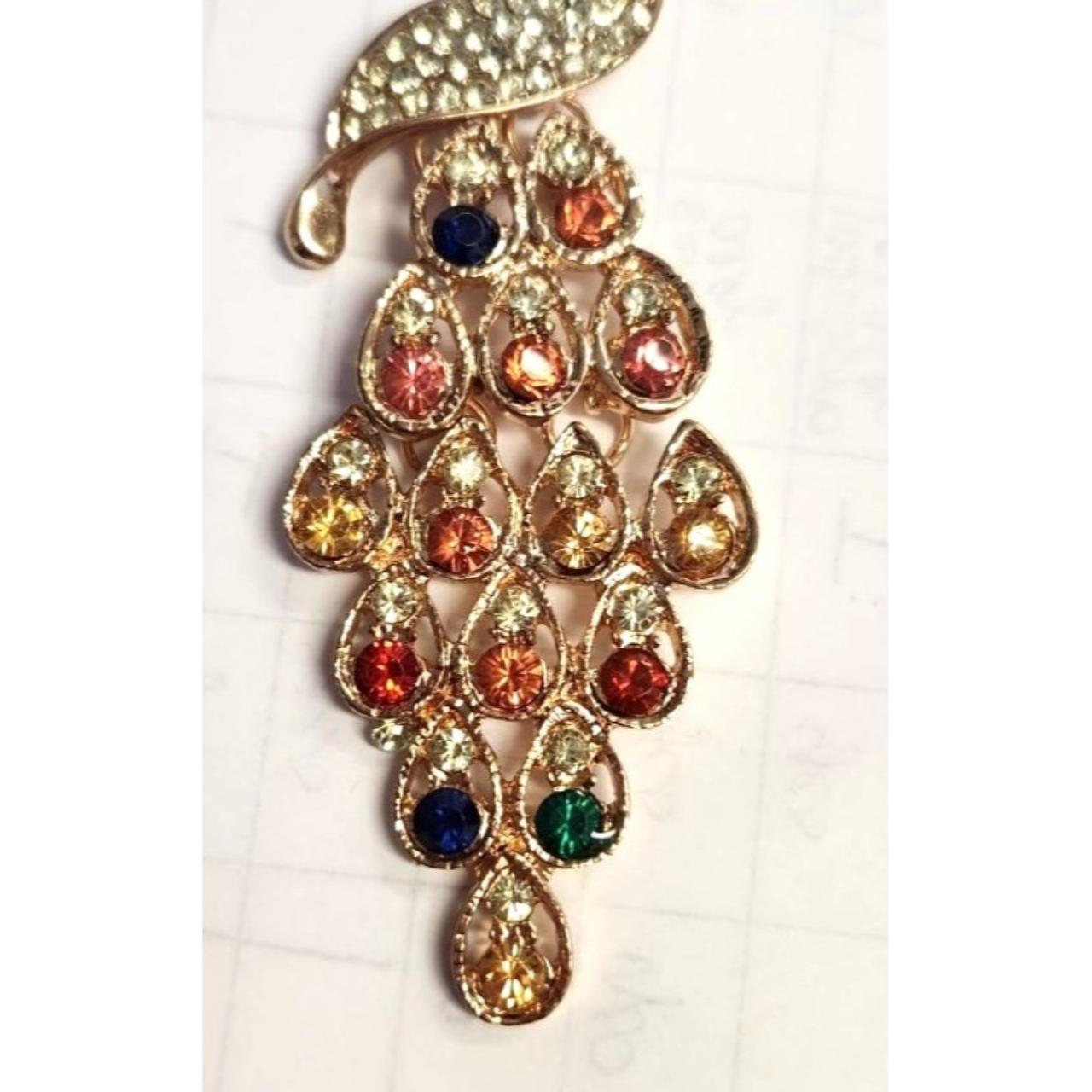 Multi Colored Gold Tone Peacock Rhinestones... - Depop
