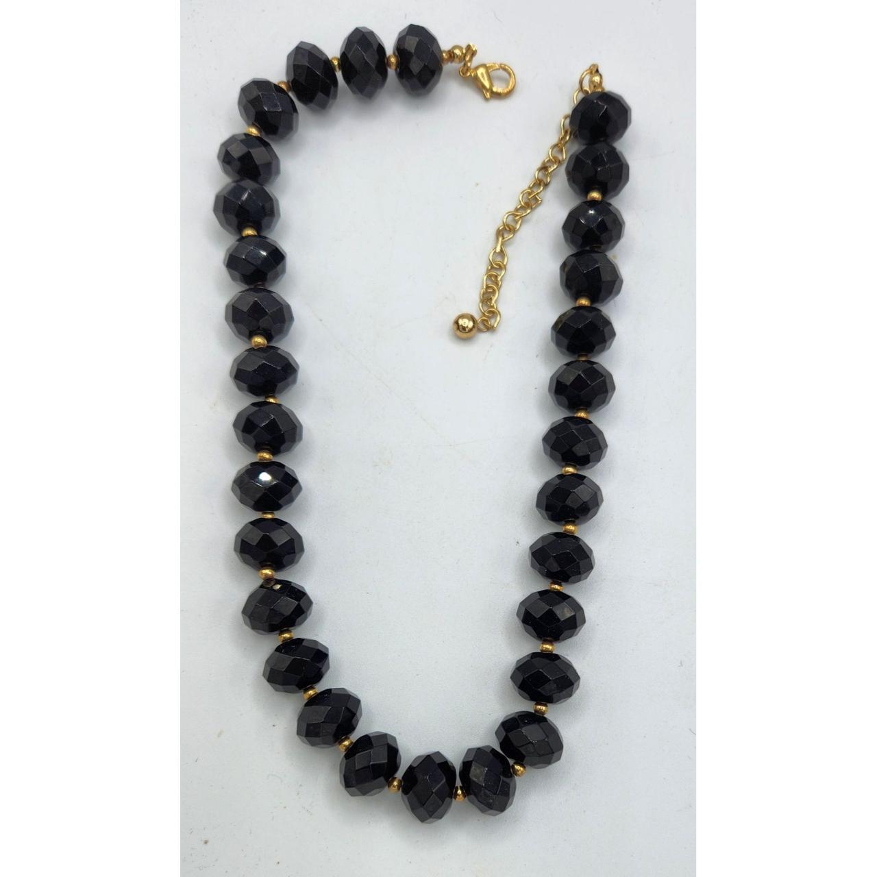 Vintage Necklace Black Faceted Jet Glass & Gold Tone... - Depop