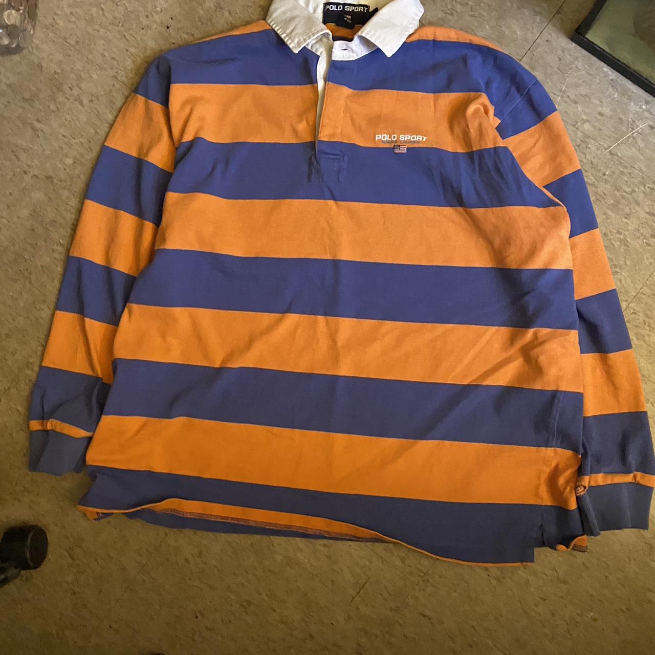 Vintage Kanye West Orange and Blue Striped Rugby... | Depop