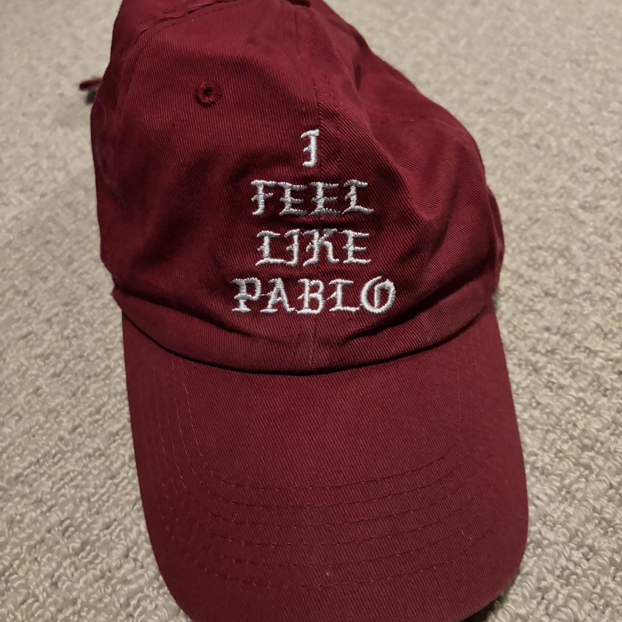 Burgundy and white I Feel Like Pablo hat Super... | Depop