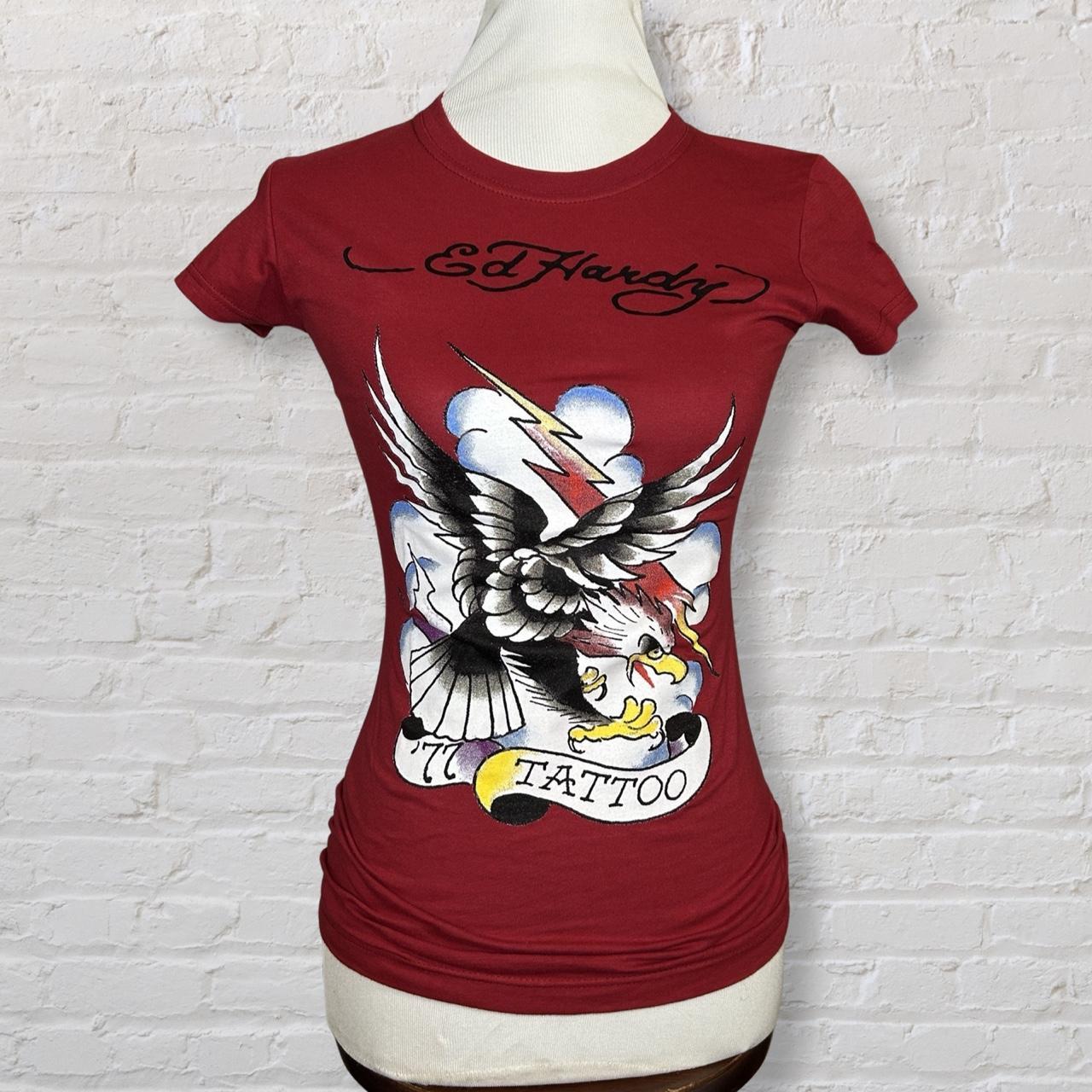 NWT Ed Hardy Fitted Tee in Platinum Red Tattoo Print... - Depop