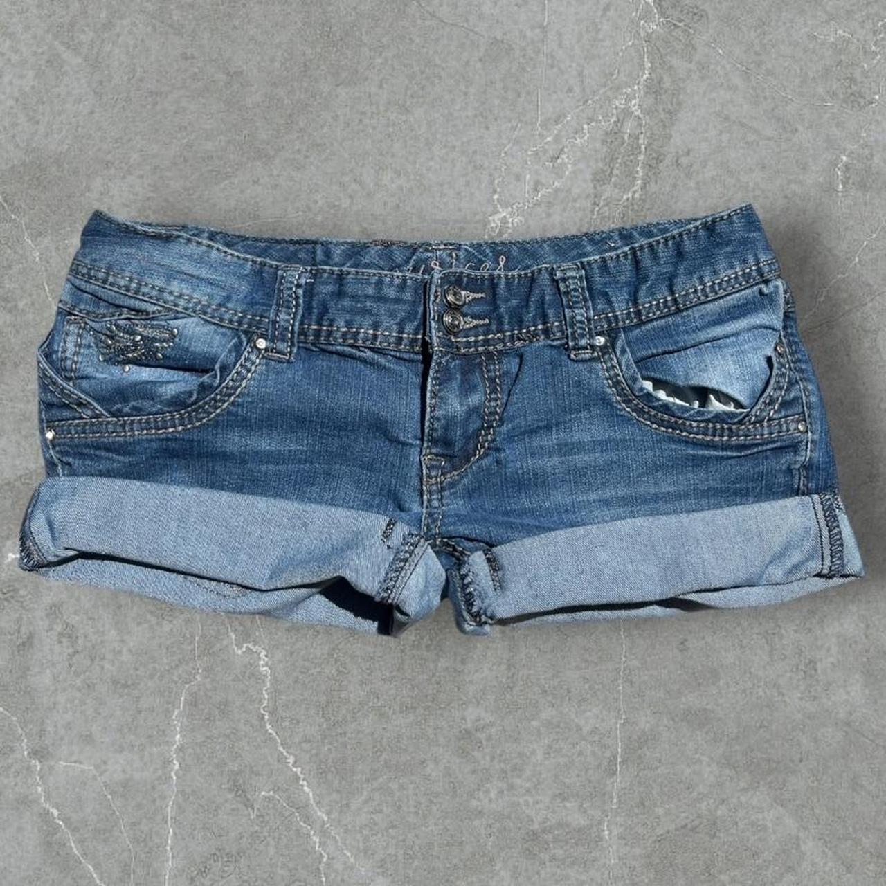 ultra low rise mini denim shorts with bedazzled... | Depop