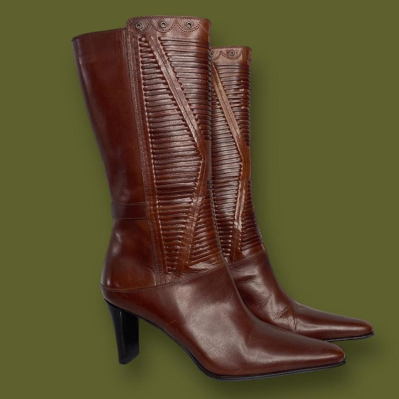 Chocolate brown leather calf boots, very unique... - Depop