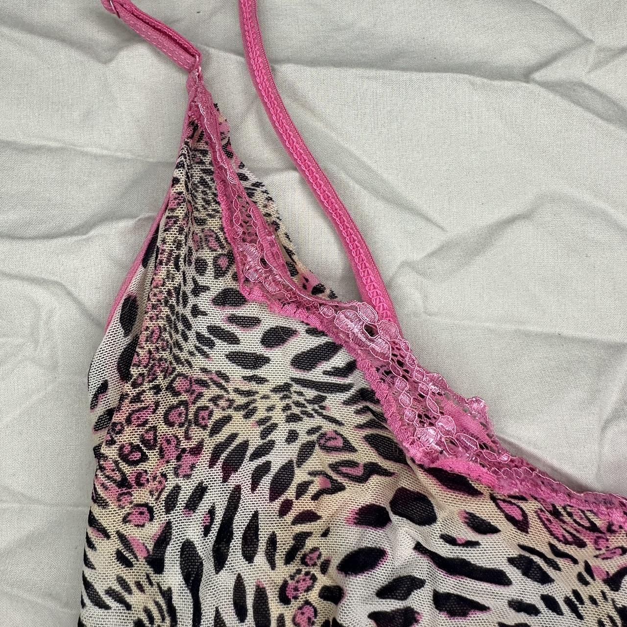 genuine y2k pink leopard print mesh cami... - Depop