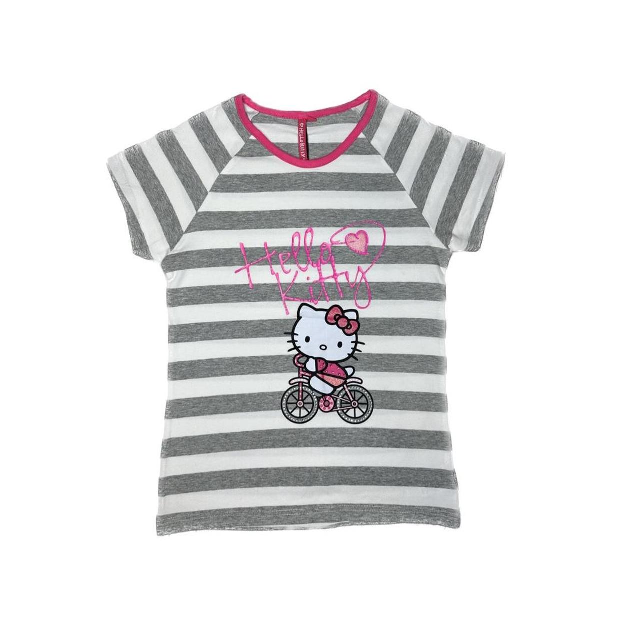 small grey and white striped hello kitty sanrino t... - Depop
