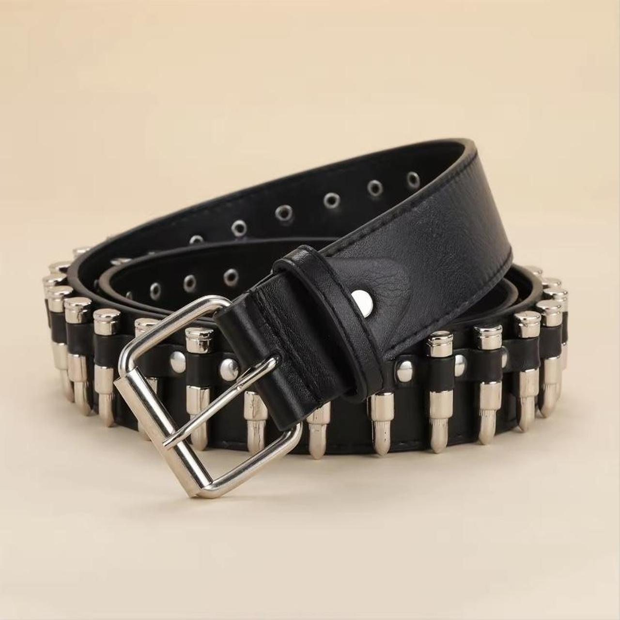 Black leather belt with silver bullet buckle #punk... - Depop