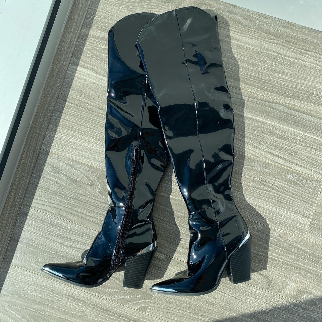 Black patent Thigh high cow boy boots - Depop