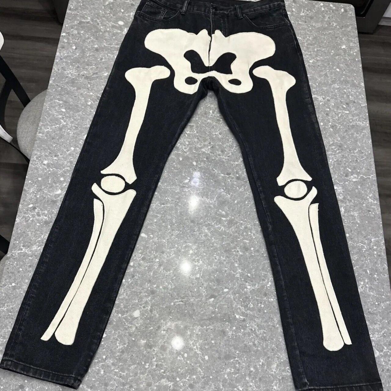 MNML skeleton jeans Black/White Denim straight denim... | Depop