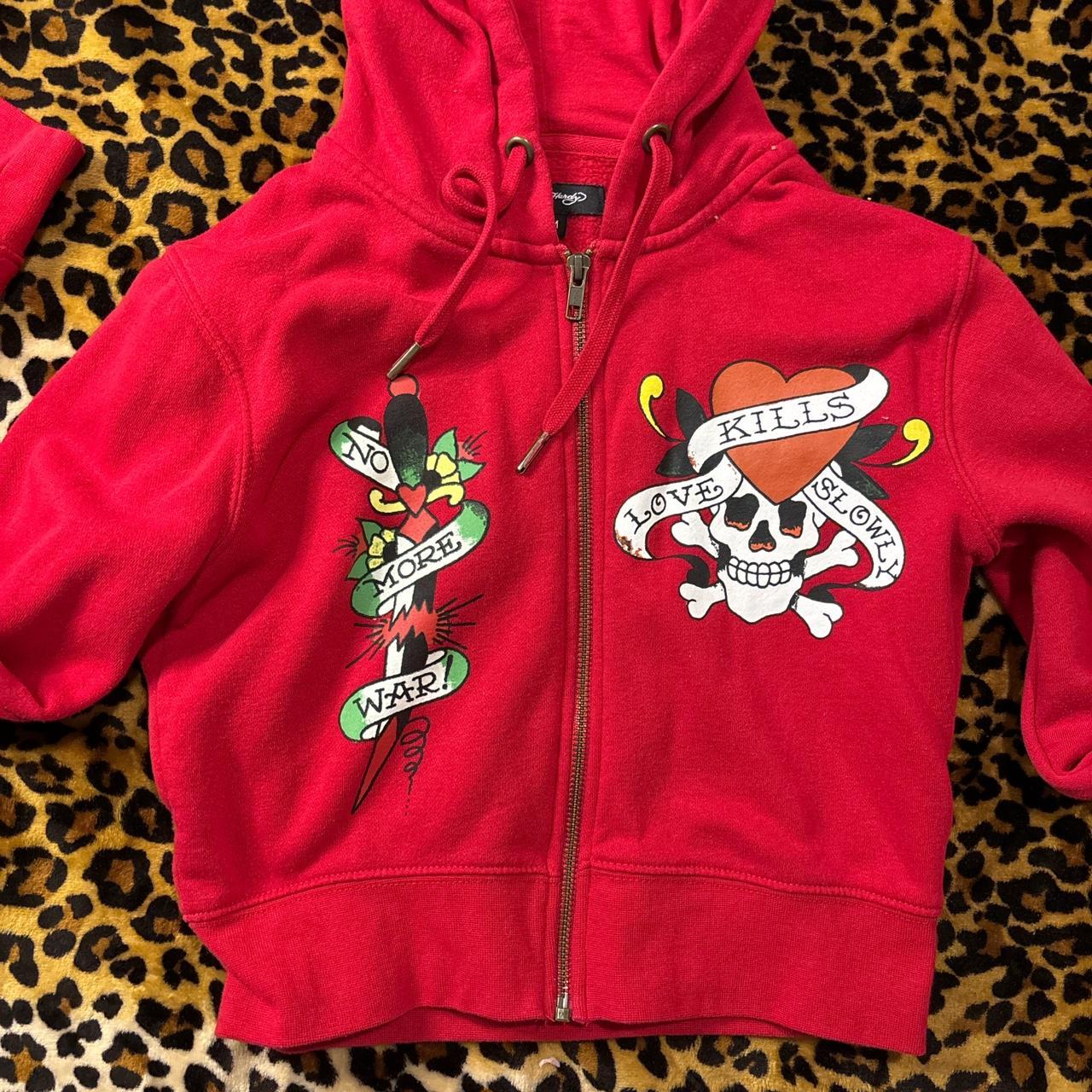 Ed hardy red cropped hoodie size medium - Depop