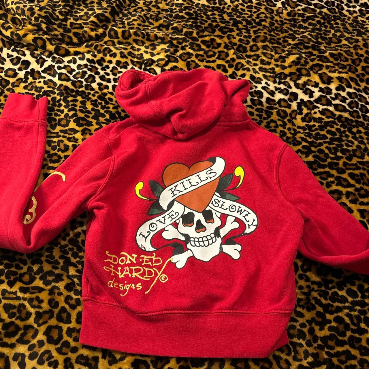 Ed hardy red cropped hoodie size medium - Depop