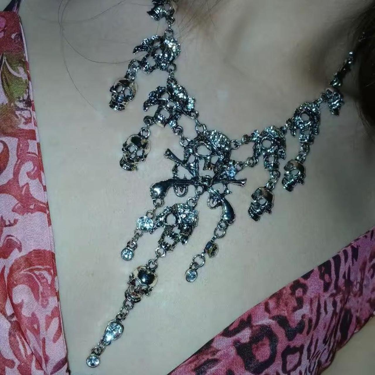 Y2K gothic skull necklace pretty awesome rhinestone... - Depop