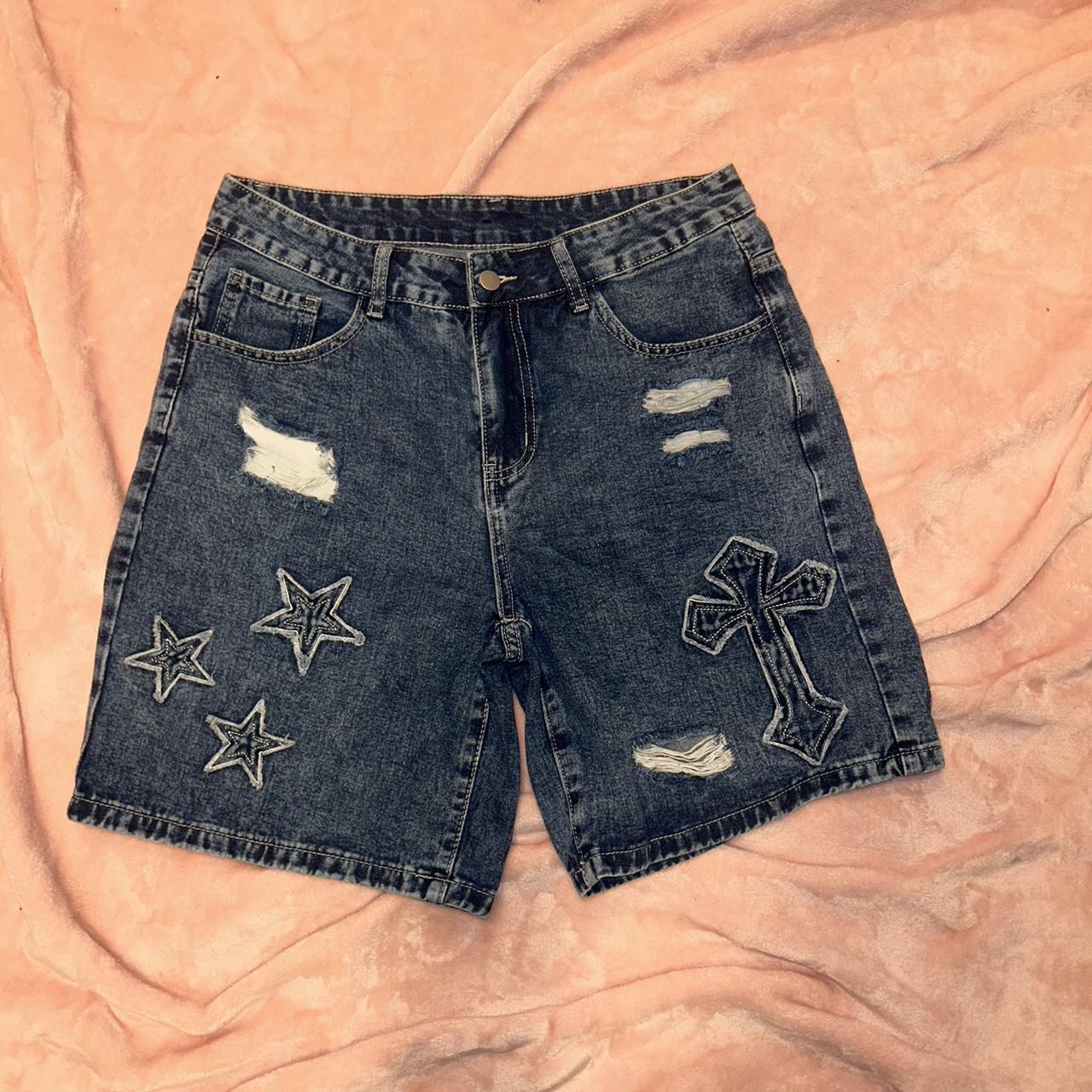 manfinity denim jorts with embroidered cross and... | Depop