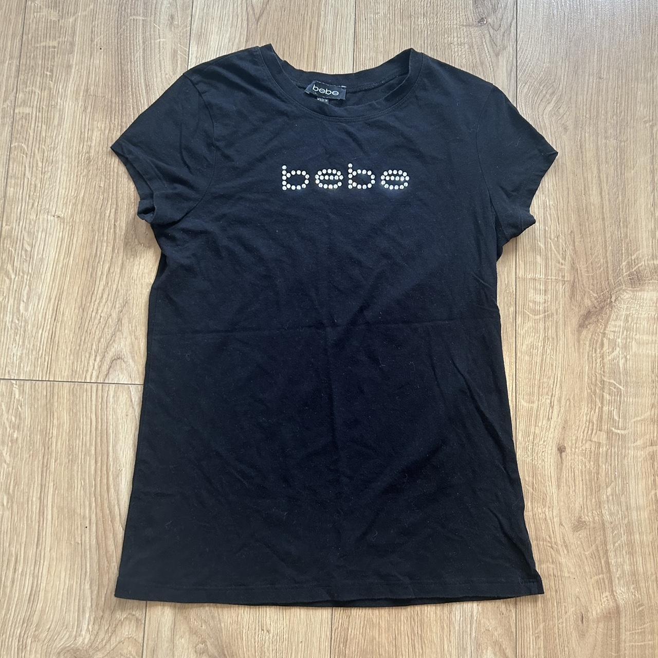 Vintage BEBE black logo spell out rhinestone short... - Depop